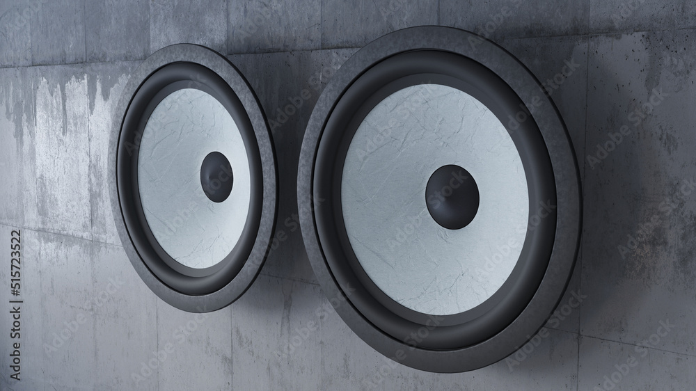 3D illustration (3D render) of two audio driver (loudspeakers) on a ...