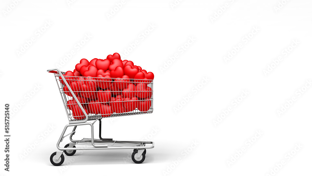 Fave hearts in a grocery cart, isolated on white background in 8k. Can ...