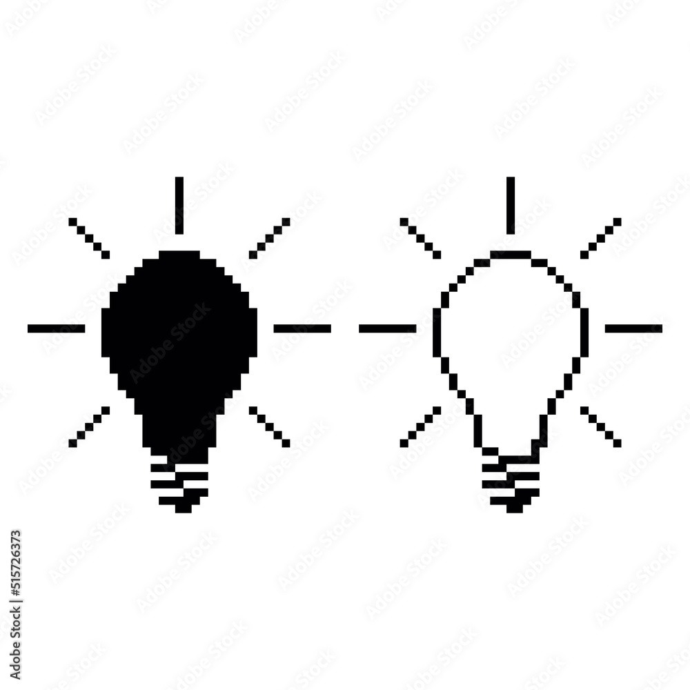Lamp with rays - vector black and white icon set. Pixel art. 8 bit logo ...