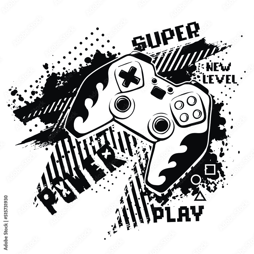 Black and white grunge Gamepad t shirt design. Grungy background with ...