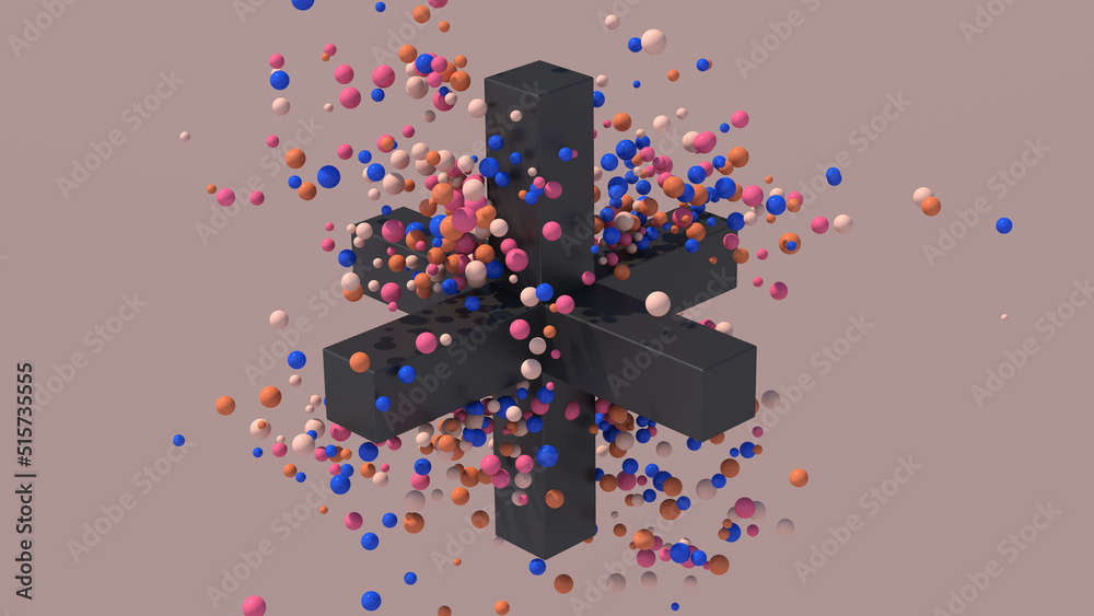 Black glossy cross and bright colorful particles flying. Blue ...