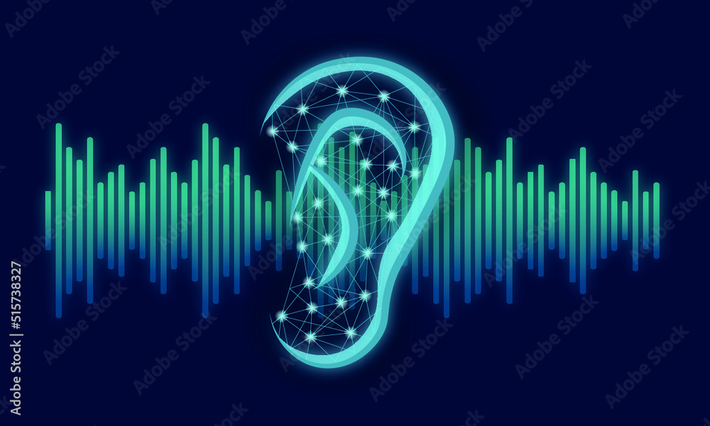 Illustration of human ear and sound wave on dark blue background Stock ...
