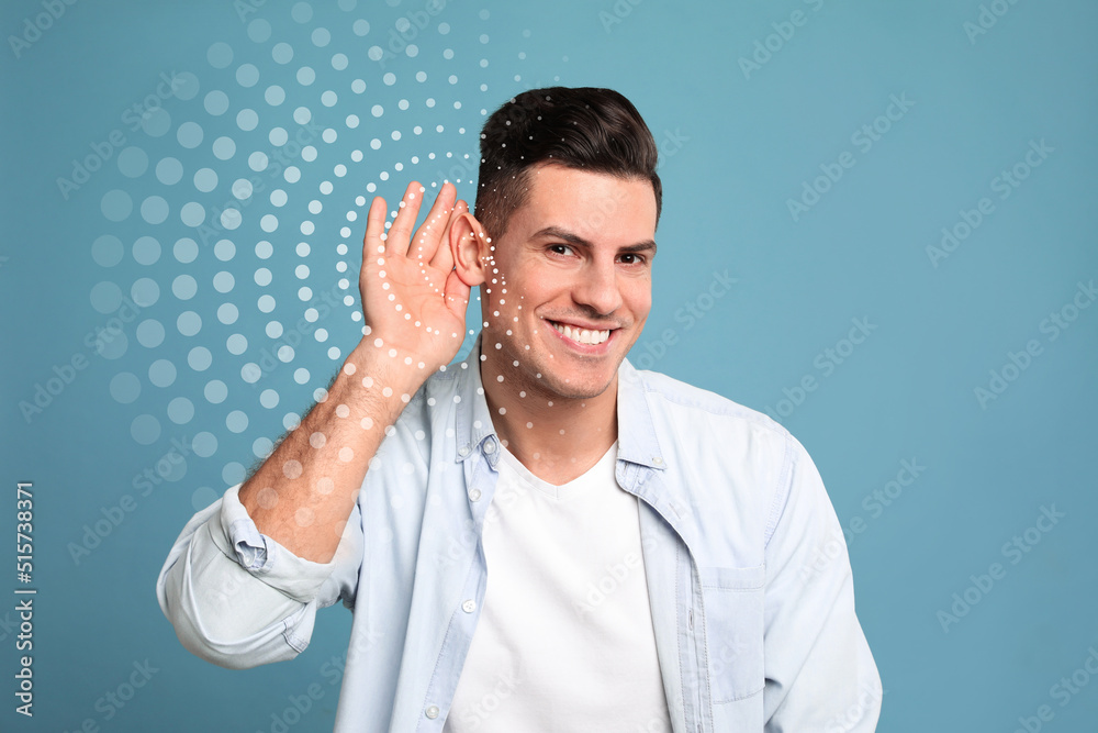 Handsome man and sound illustration on light blue background. Hearing ...