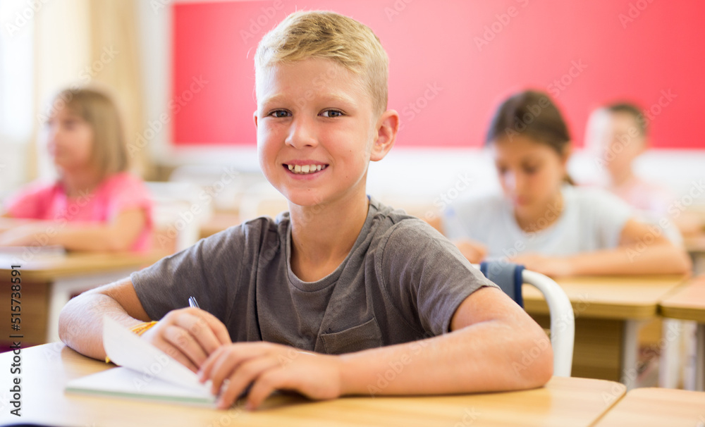 Schoolchildren sitting in classroom during lesson. Boy looking in ...