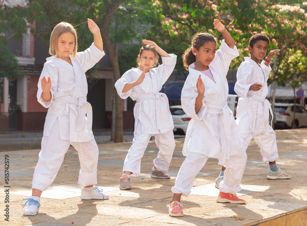 Kids in kimono doing kata moves on the street during outdoor karate ...