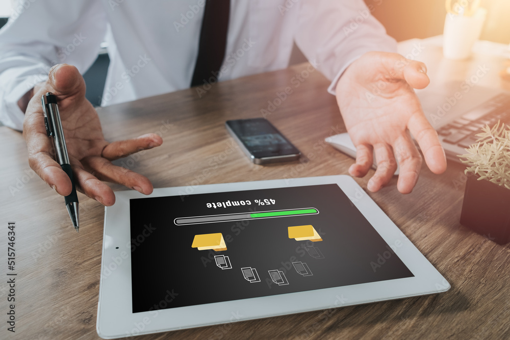 Foto de Transfer files data system relocation concept, Person hand ...