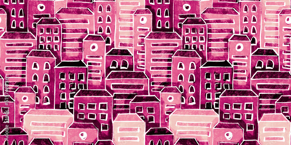 Seamless crayon and watercolor hand painted houses and buildings ...