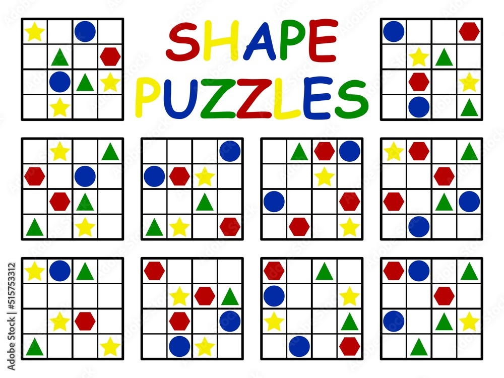 Shape sudoku set for kids vector illustration. Simple four by four ...