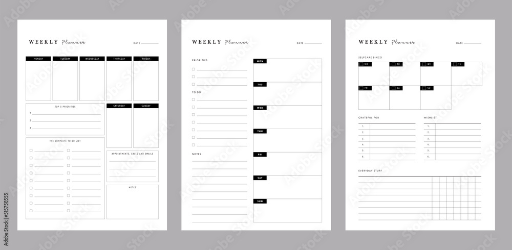3 Set of minimalist planners. Weekly planner template. Clear and simple ...