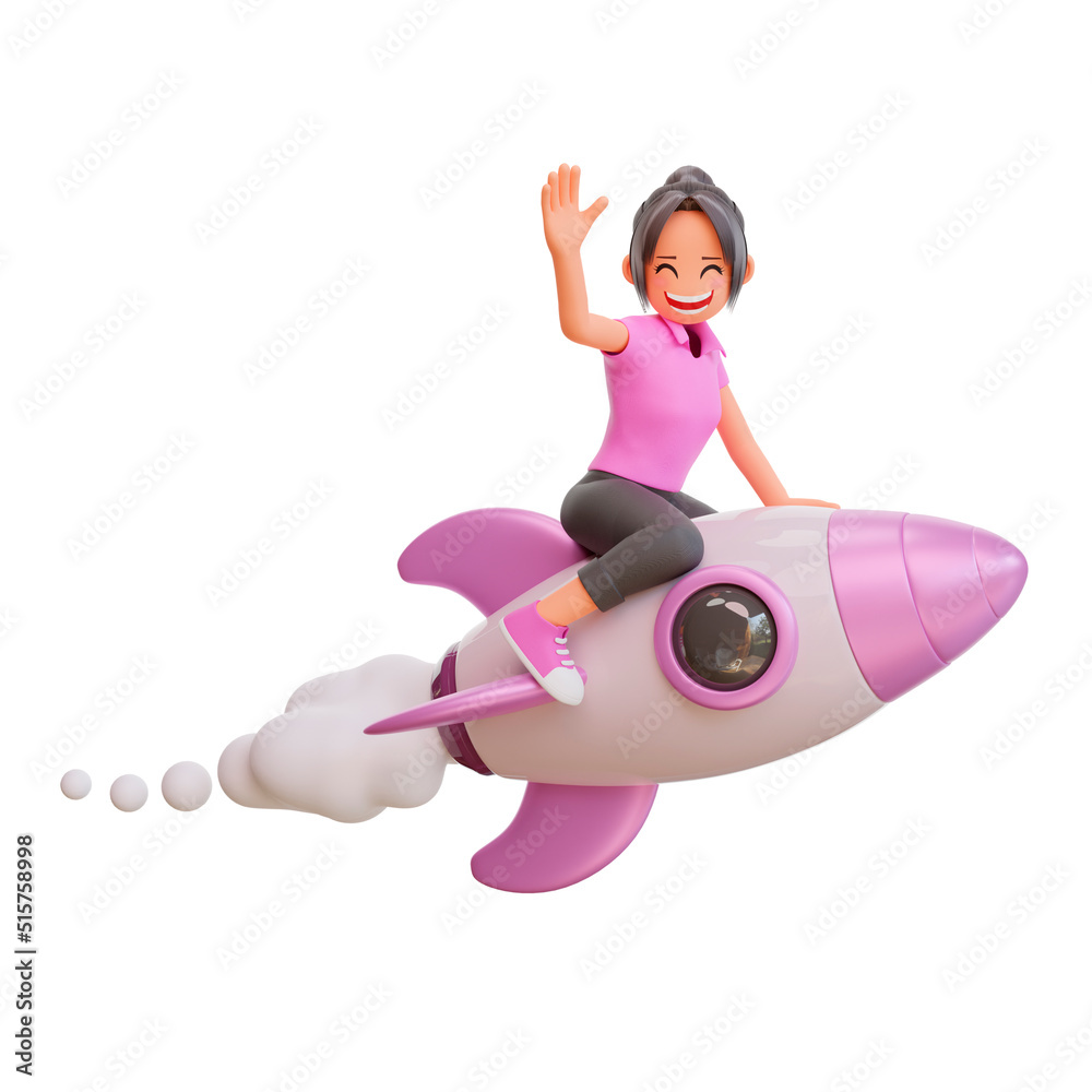 3d illustration cute girls is flying on a rocket Stock Illustration ...
