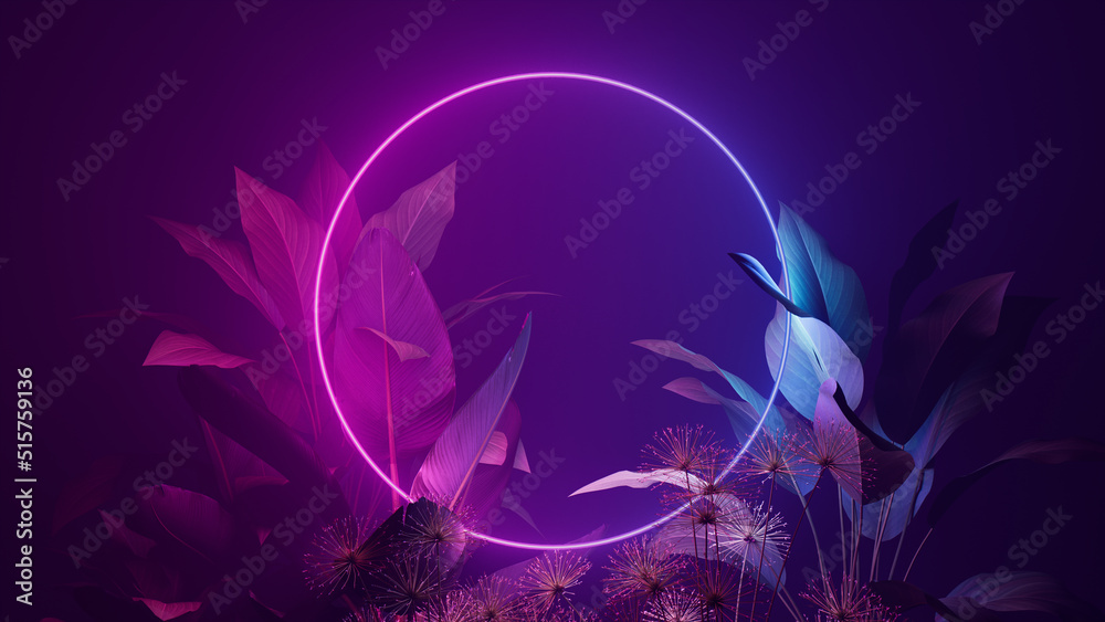 Tropical Plants Illuminated with Pink and Blue Fluorescent Light ...