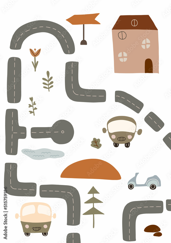 Cute town map for kid's room. Hand drawn vector illustration. Nursery ...