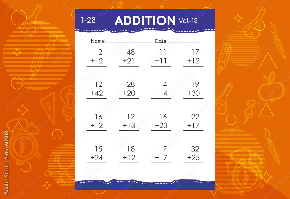 Basic math addition for kids. An educational worksheet for kids. Vector ...