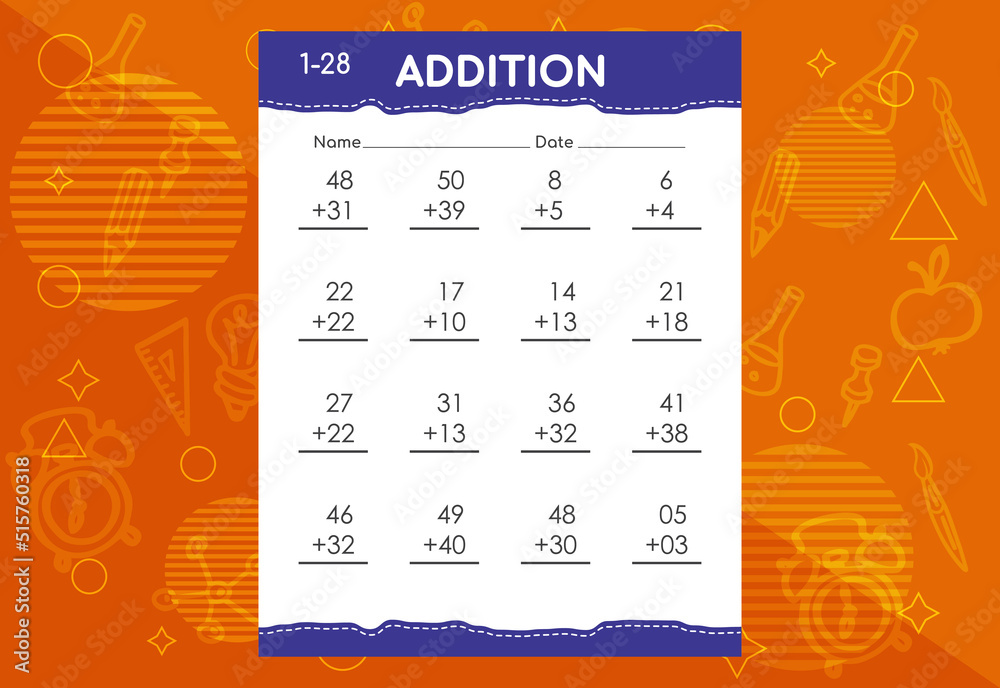 Basic math addition for kids. An educational worksheet for kids. Vector ...