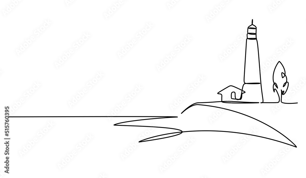 Single stroke drawing lighthouse, beacon and island. Modern linear ...