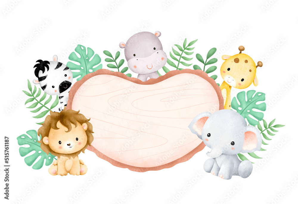 Watercolor illustration baby safari animals and wooden board Stock ...