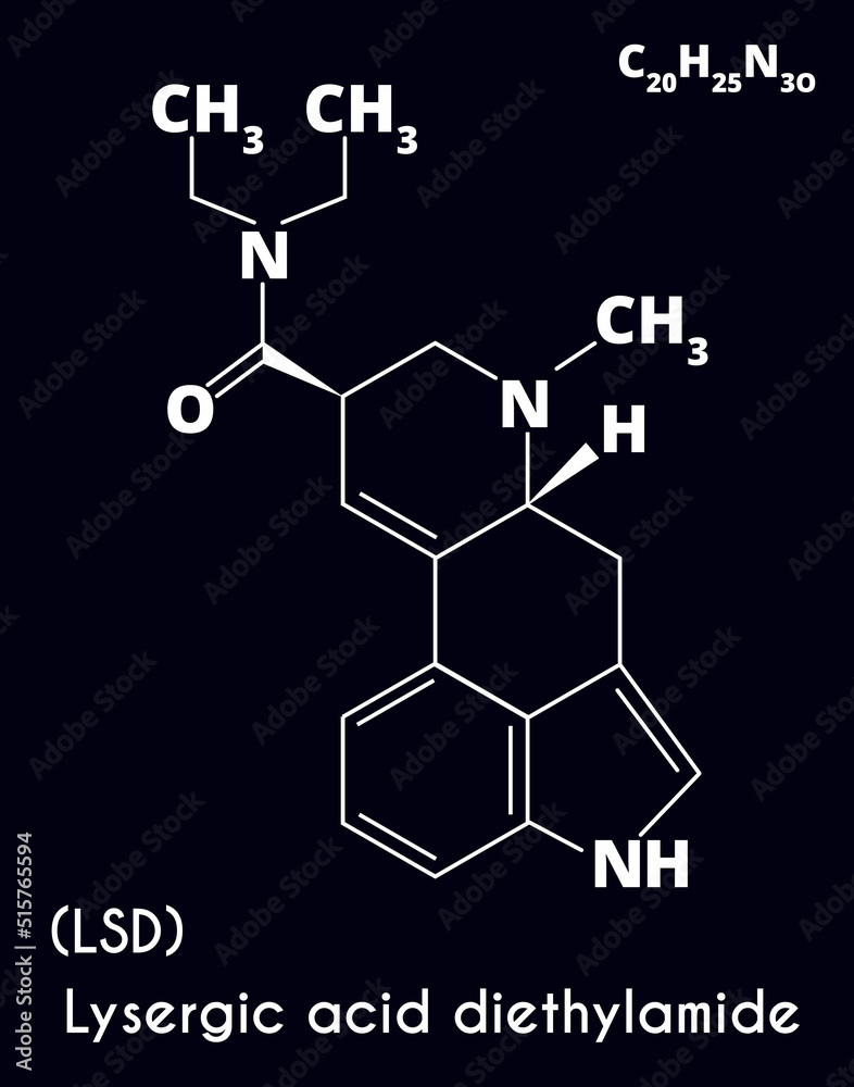 LSD molecule isolated on black background. Recreational drug. Vector ...