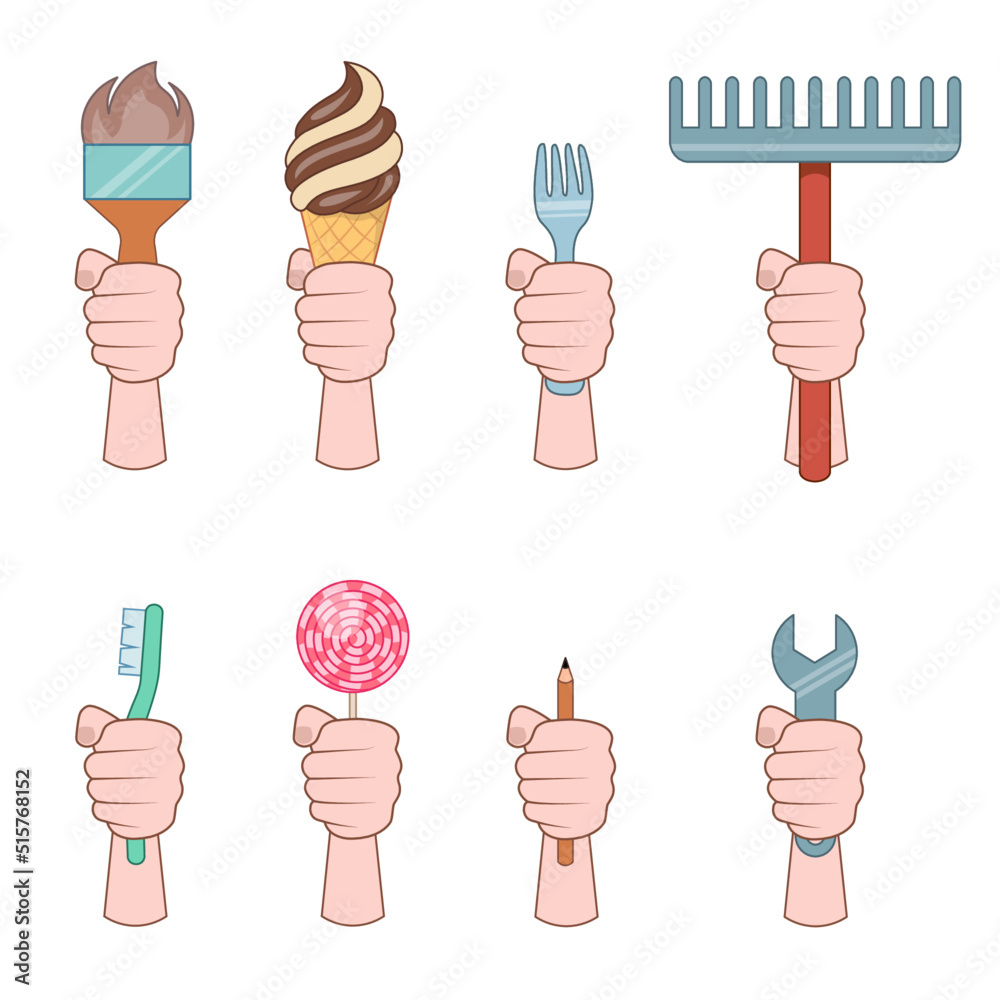 Hands holding various things. Hands with rake, ice cream, brush, fork ...
