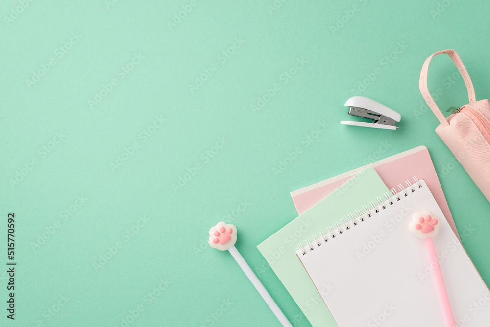 Back to school concept. Top view photo of pink school supplies ...