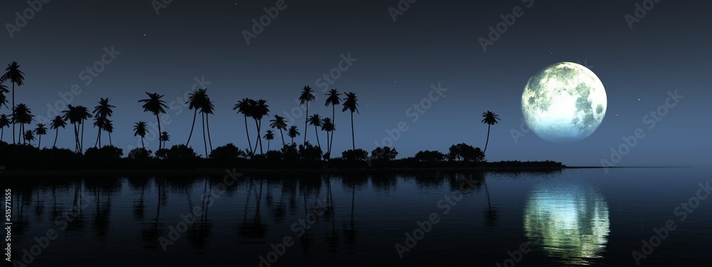 Beach with palm trees at night under the moon, night palm trees over ...
