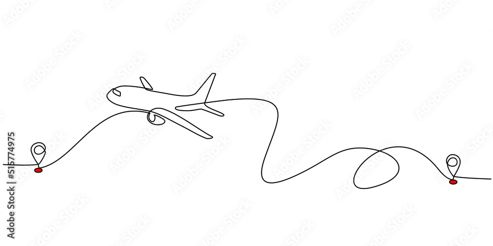 Continuous line drawing of aircraft flight routes and airport ...