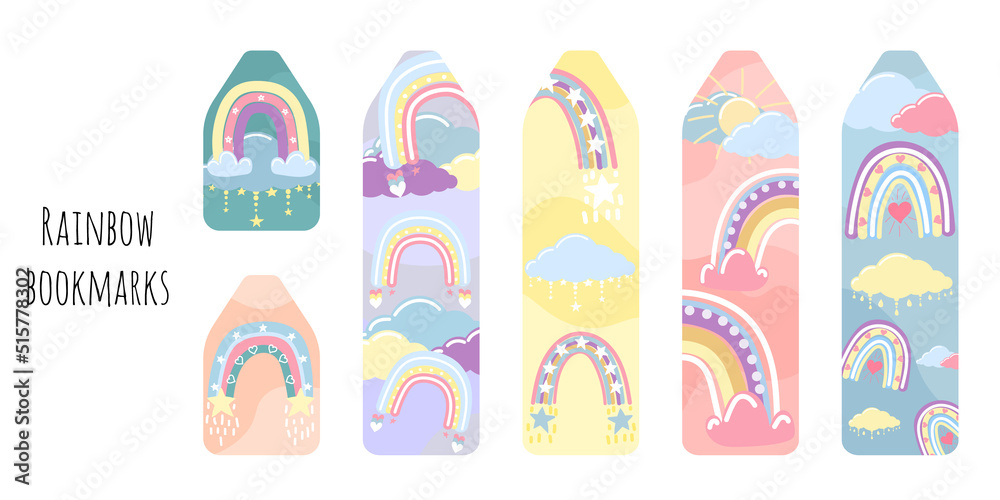 Set of 6 bookmarks and stickers with cute rainbow and clouds ...