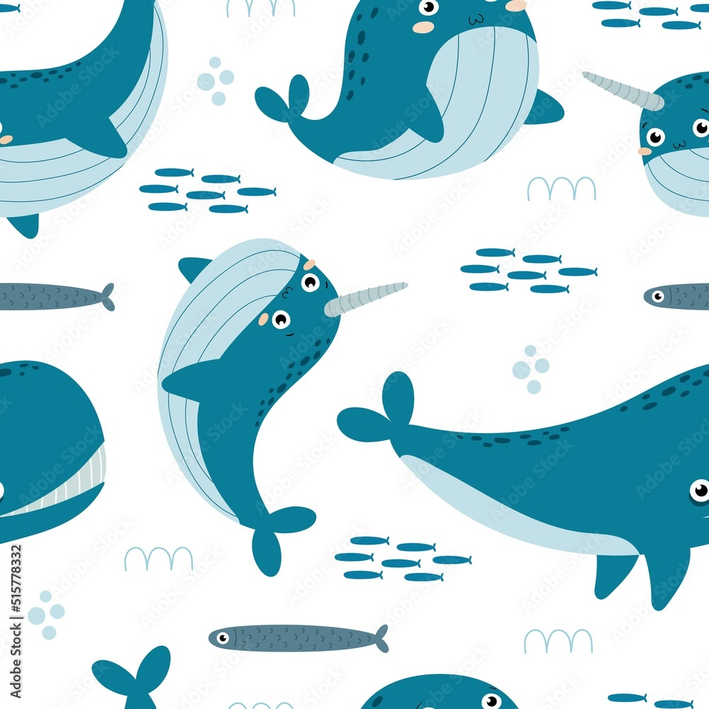 Seamless pattern with cartoon whale. Colorful vector flat style. hand ...