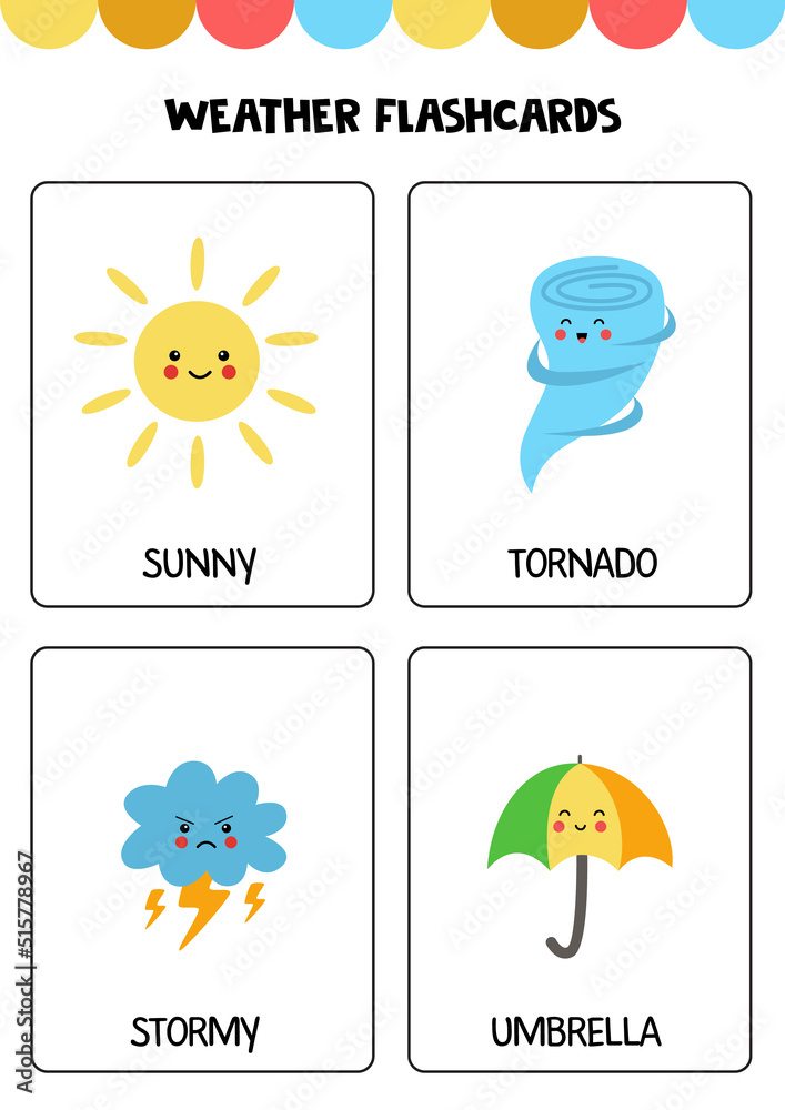 Cute cartoon weather elements with names. Flashcards for children ... Cute cartoon weather elements with names. Flashcards for children ...