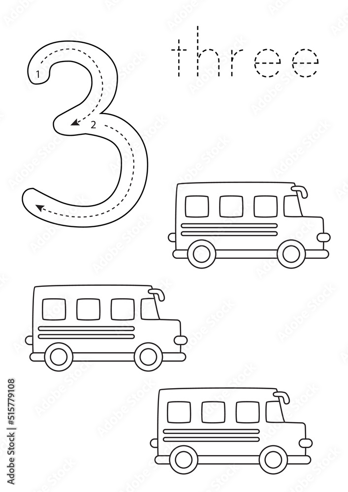 Flashcard number 3. Preschool worksheet. Black and white transport ...
