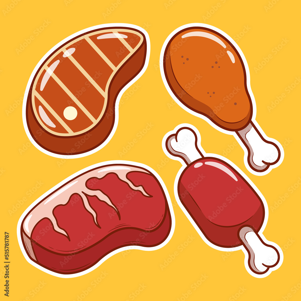 Set of Meat Hand Drawn Cartoon Sticker Doodle Icon Stock Vector | Adobe ...