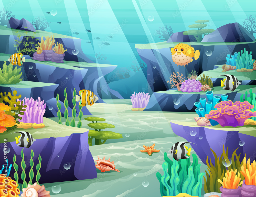 Undersea ocean world cartoon illustration. Underwater life with fishes ...