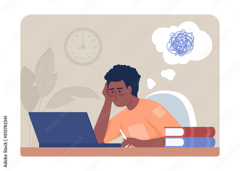 Hard to focus on school work 2D vector isolated illustration. Male high ...