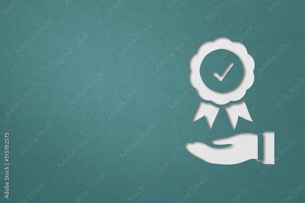 guarantee sign over businessman's hand paper cut with blue background ...