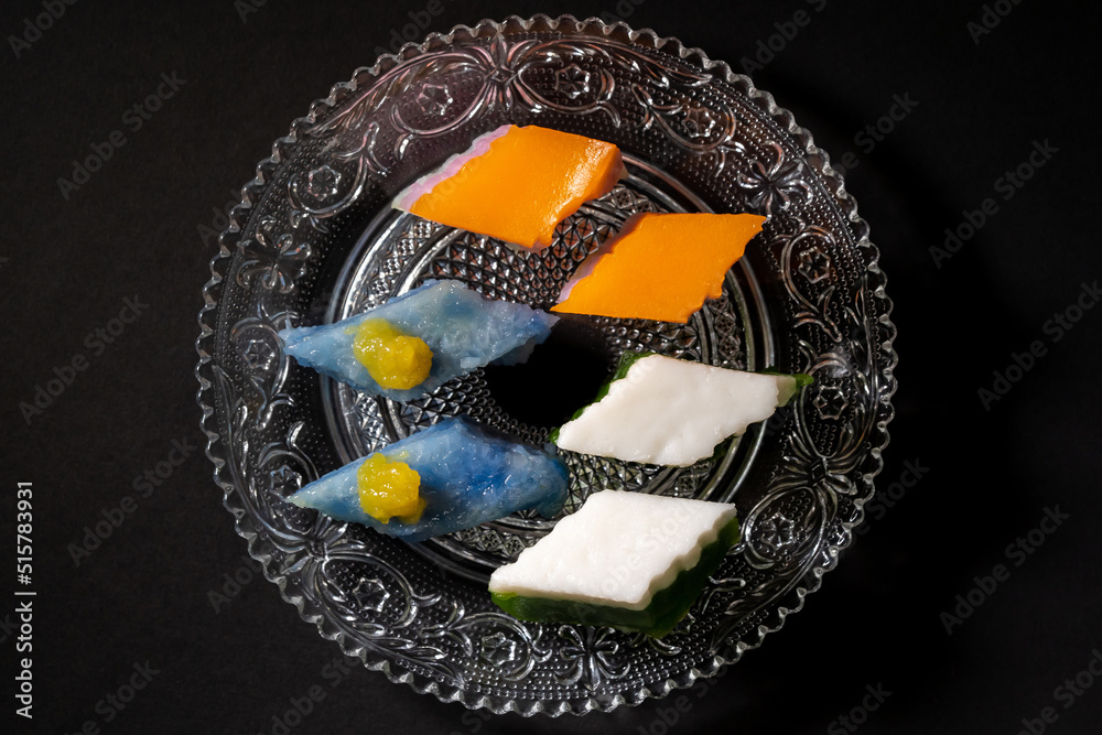 Nyonya delights dessert “Kaya Kuih” (Blue Glutinous Rice Cakes) , “Kuih ...