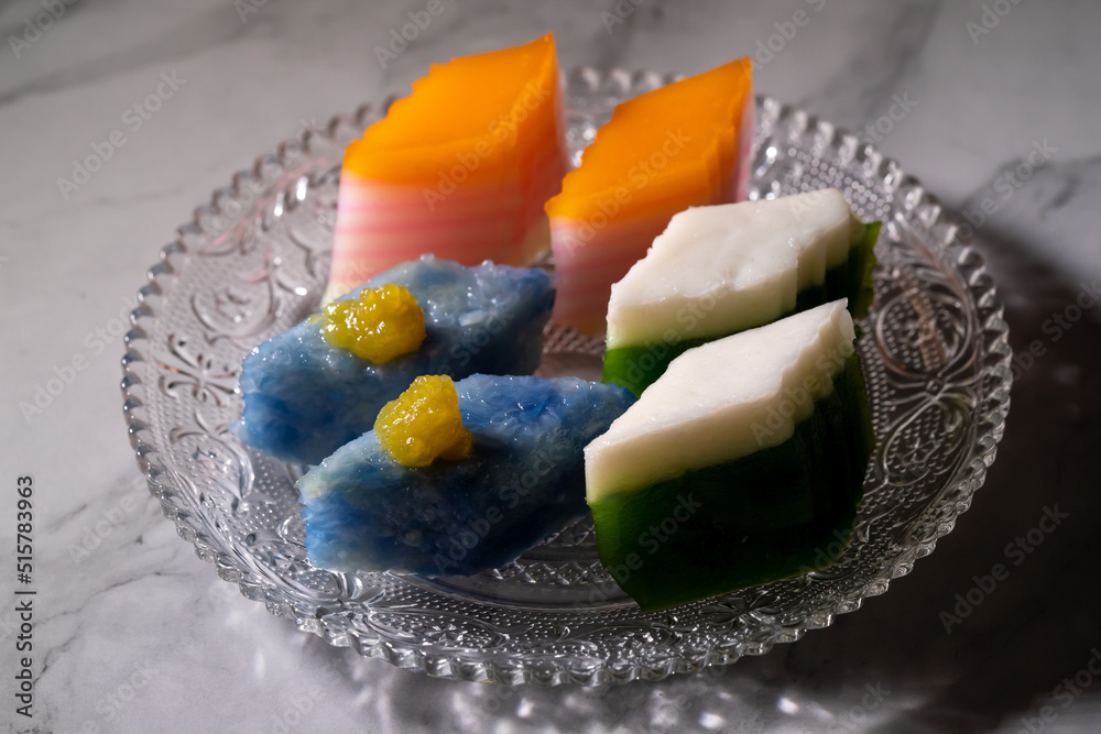 Nyonya delights dessert “Kaya Kuih” (Blue Glutinous Rice Cakes) , “Kuih ...