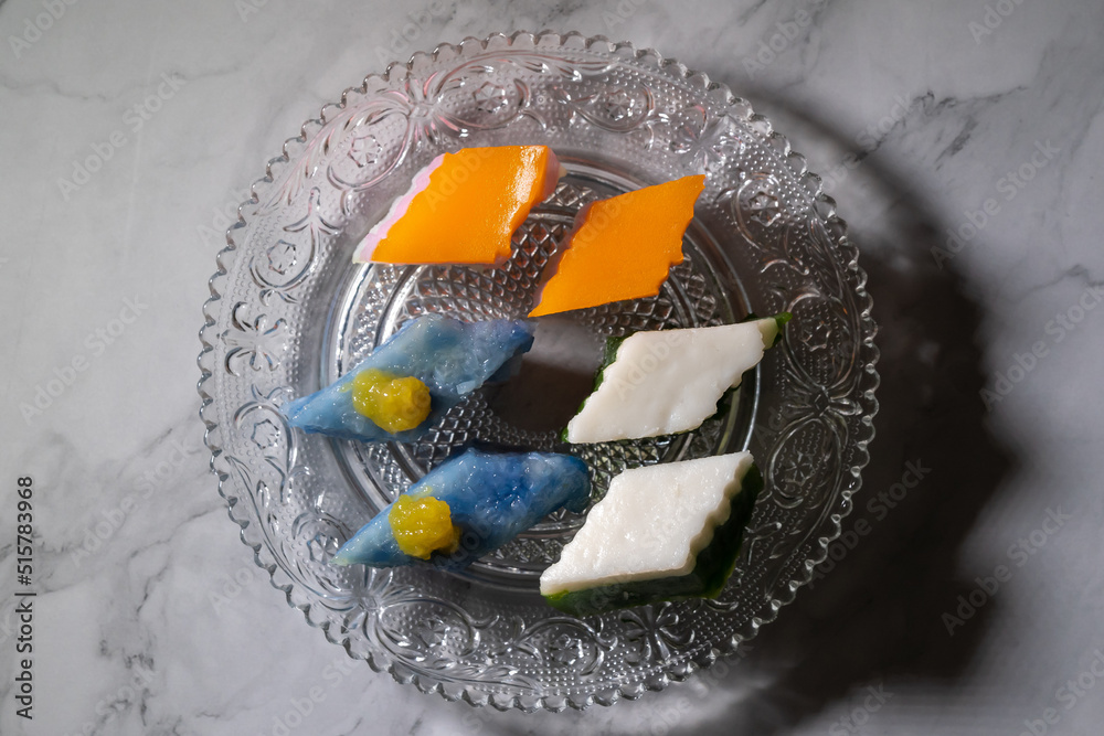 Nyonya delights dessert “Kaya Kuih” (Blue Glutinous Rice Cakes) , “Kuih ...