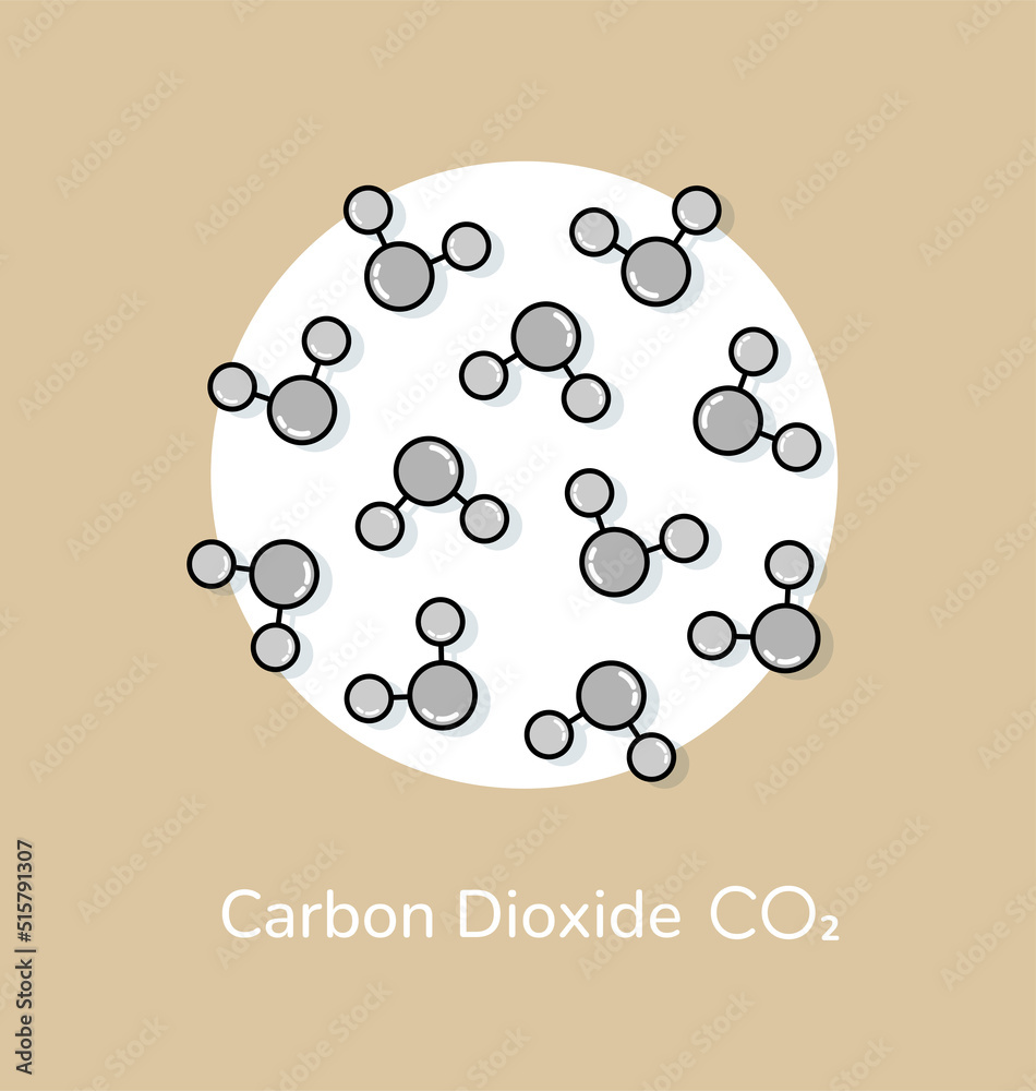 Carbon dioxide CO2 flying molecules on beige background. Chemical ...