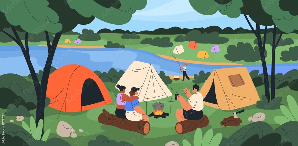 Forest camp scene with tents, river and campers around campfire. Summer ...