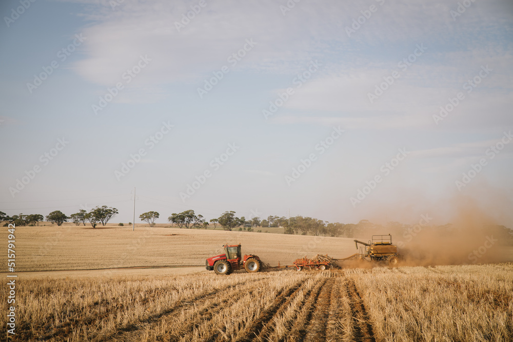 Dry seeding crop into stubble in paddock in the Avon Valley of Western ...