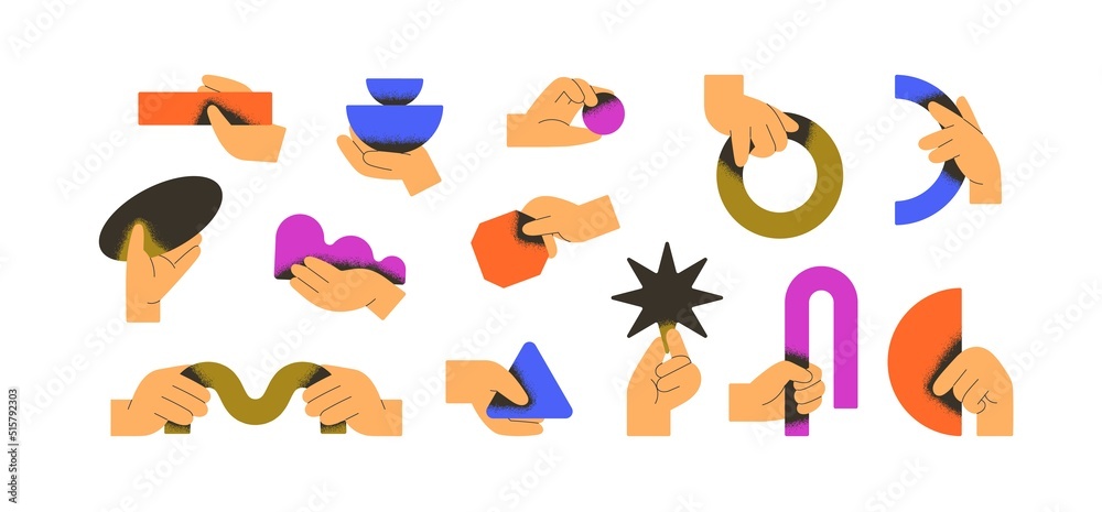 Hands holding abstract geometric shapes set. Arms with creative minimal ...
