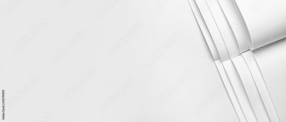 Open magazines with blank pages on white background with space for text ...