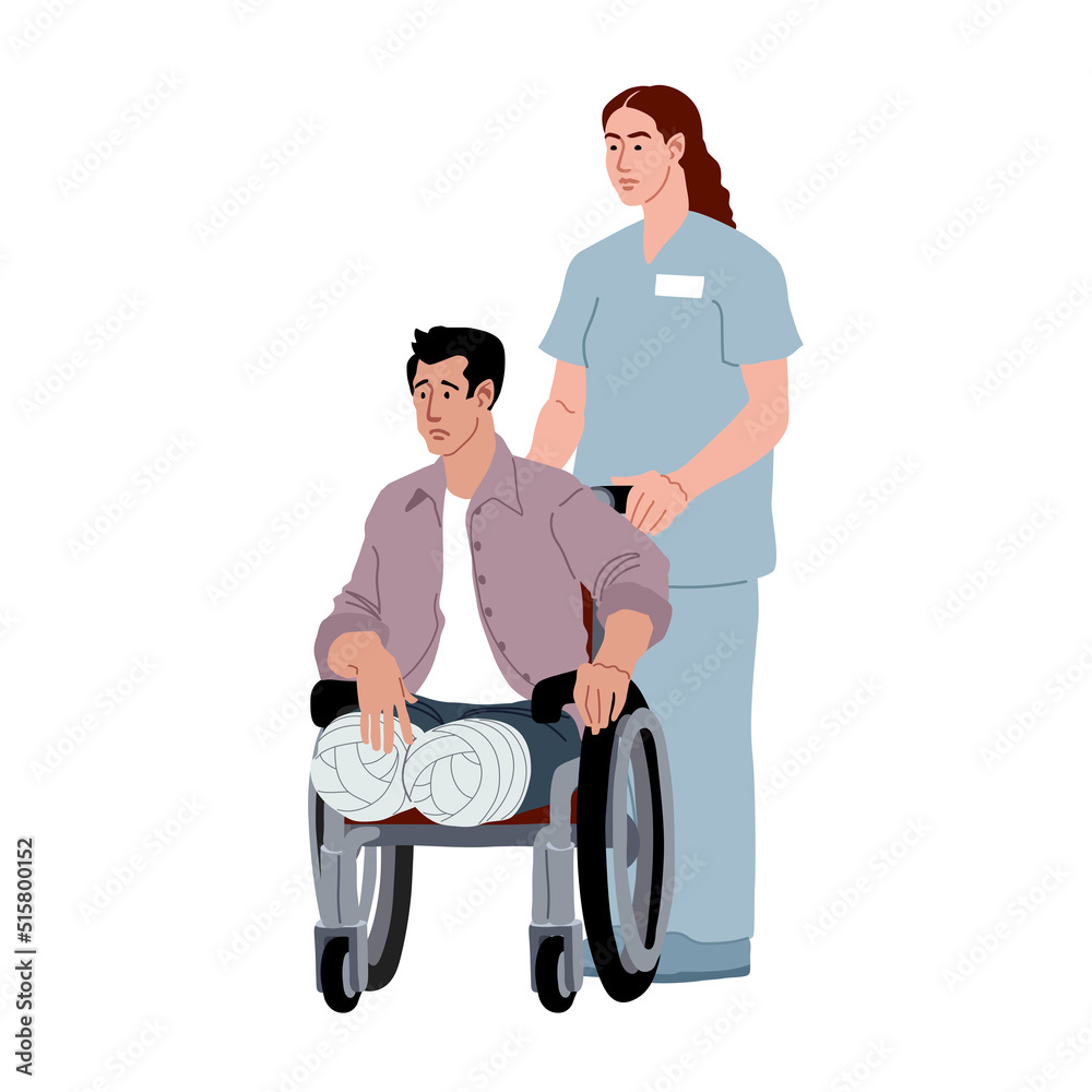 A nurse rolls a wheelchair. A legless patient. Rehabilitation after ...