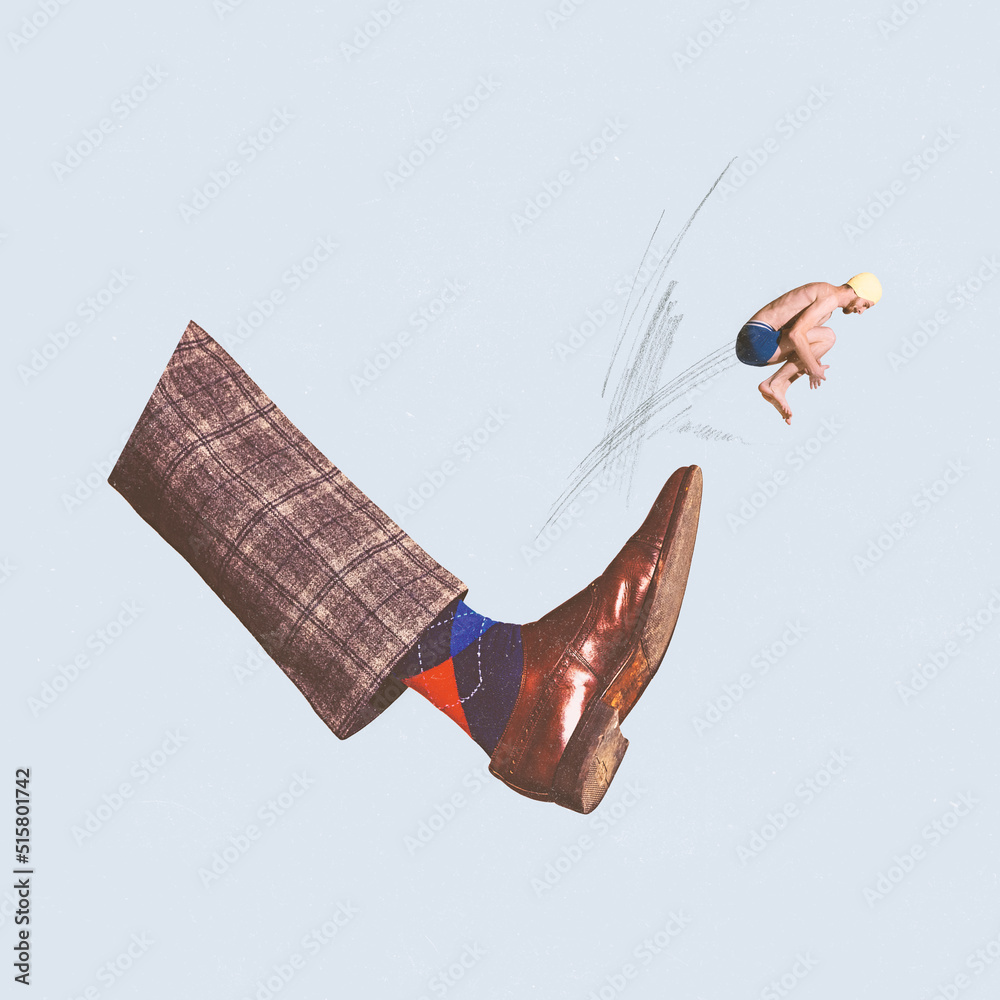 Contemporary art collage. Creative design with male leg giving a kick ...