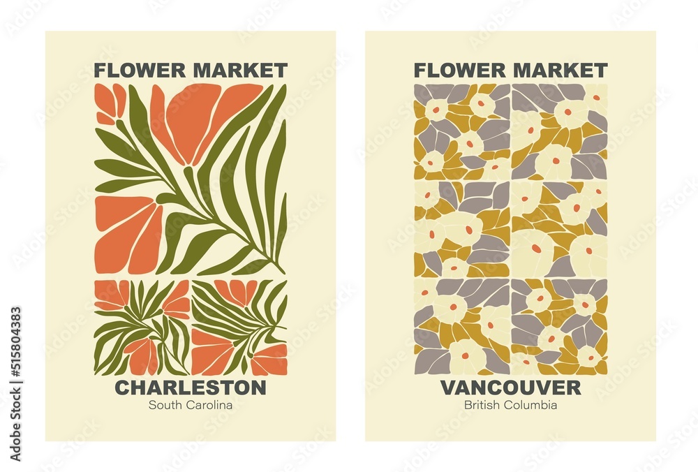 Abstract Botanical poster set, flowers and branches. Modern style ...