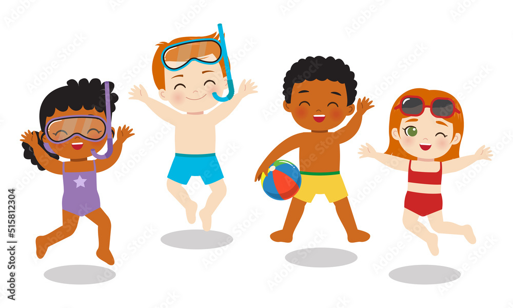 Happy jumping children in beach holiday swimwear. Flat vector cartoon ...