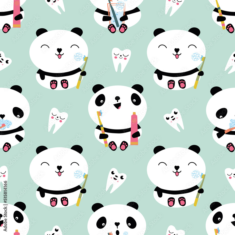 Kawaii panda kids dental health care vector educational seamless ...