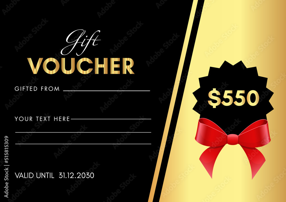 550 Dollar Value Gift Voucher Template with red bow isolated on black ...