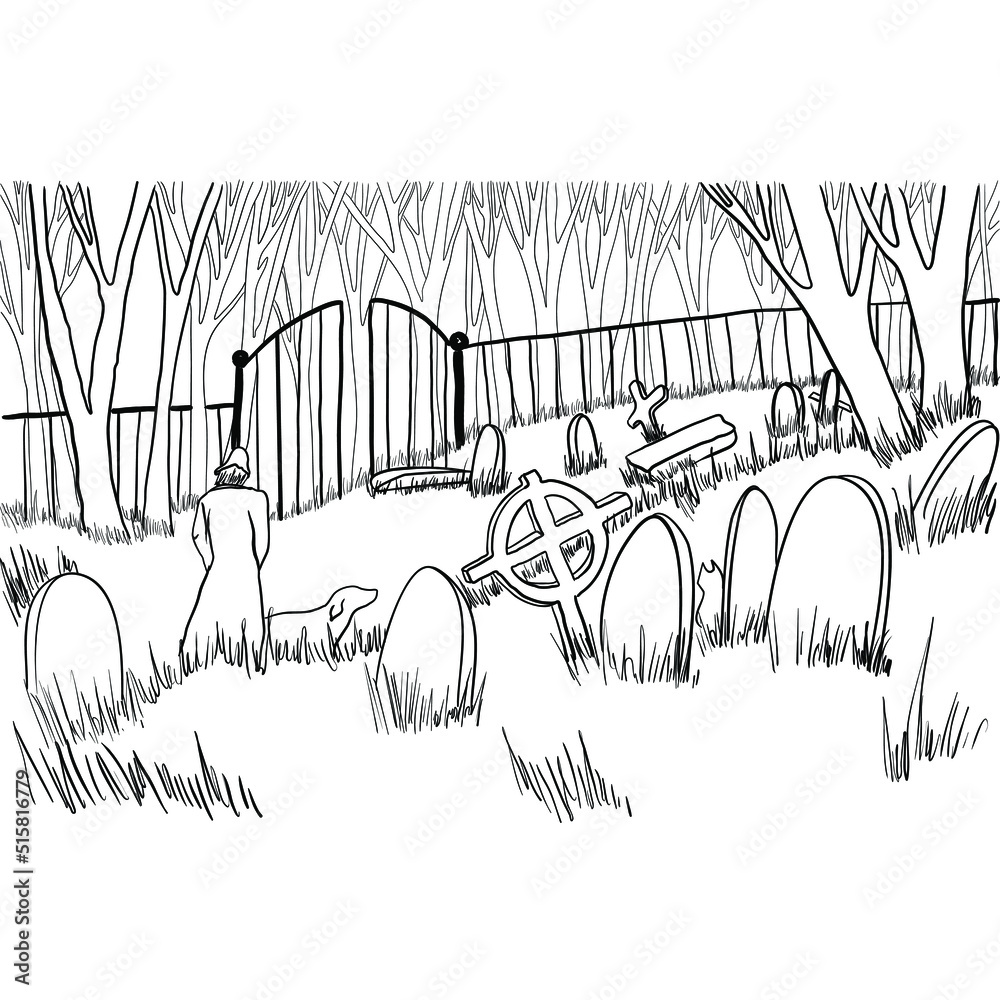 Vetor do Stock: Cemetery and night coloring page. Walking man in a ...