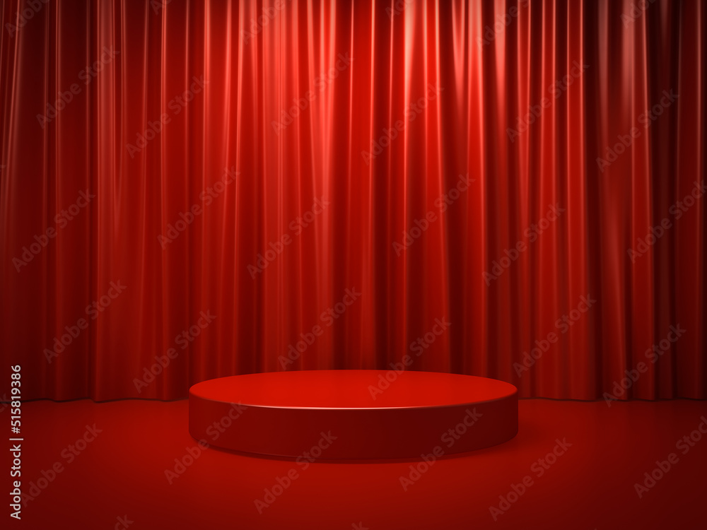 Red round podium or empty pedestal platform over red curtain background ...