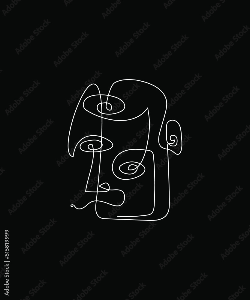 Multi face concept drawn by one line. White silhouette on the black ...